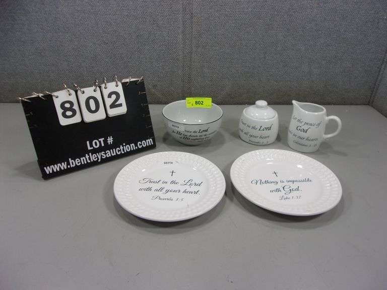 BIBLE VERSE, CERAMIC SET, BOWL, 2 PLATES, CREAMER & PITCHER, SUGAR JAR ...