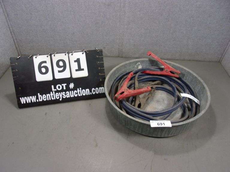 GALVANIZED OIL CATCH PAN W/ BLUE JUMPER CABLES - Bentley & Associates, LLC