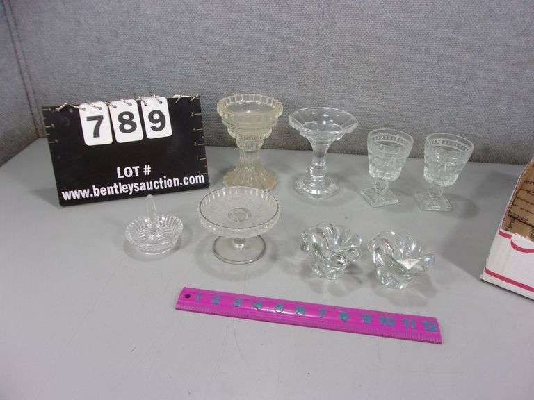 BOX: ASSORTED CLEAR GLASS- FOOTED COMPOTE BOWLS, RING HOLDER, SHORT ...