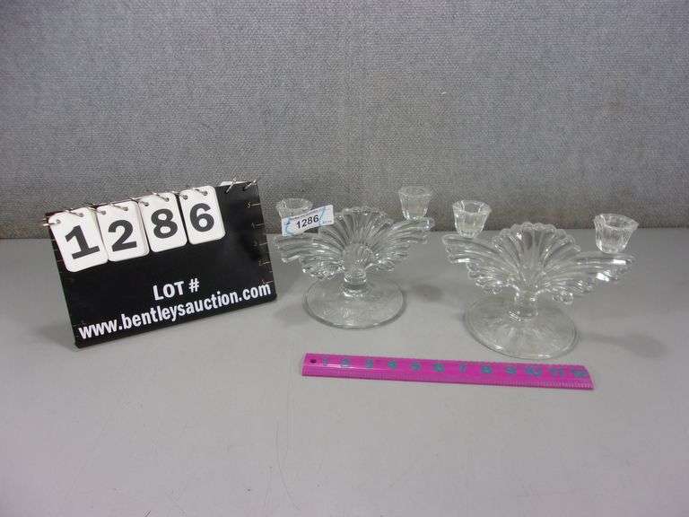 LOT (2): PADEN CITY MAYA PATTERN CRYSTAL DOUBLE CANDLESTICK HOLDERS ...