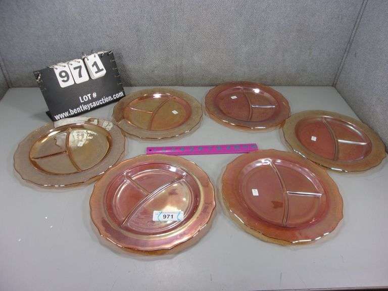 LOT 6: MARIGOLD IRIDESCENT ORANGE GLASS DIVIDED PLATES, MARIGOLD ...