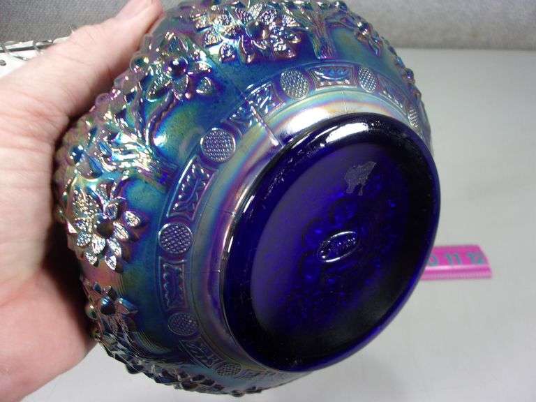 FENTON COBALT BLUE CARNIVAL GLASS CHERRY CHAIN CRIMPED BOWL - Bentley ...