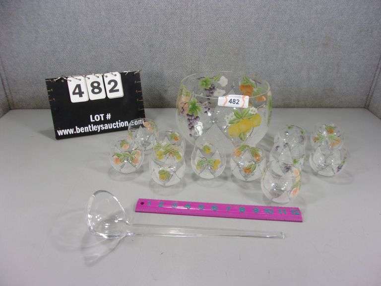 LOT 13: TEXTURED FISHBOWL STYLE HAND-PAINTED FRUIT DESIGN PUNCH BOWL ...