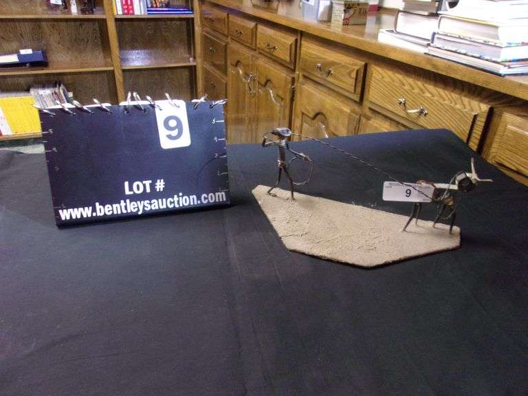 HAND-MADE WELDED SCULPTURE OF COWBOY WRANGLING A COW- MADE OF NUTS ...