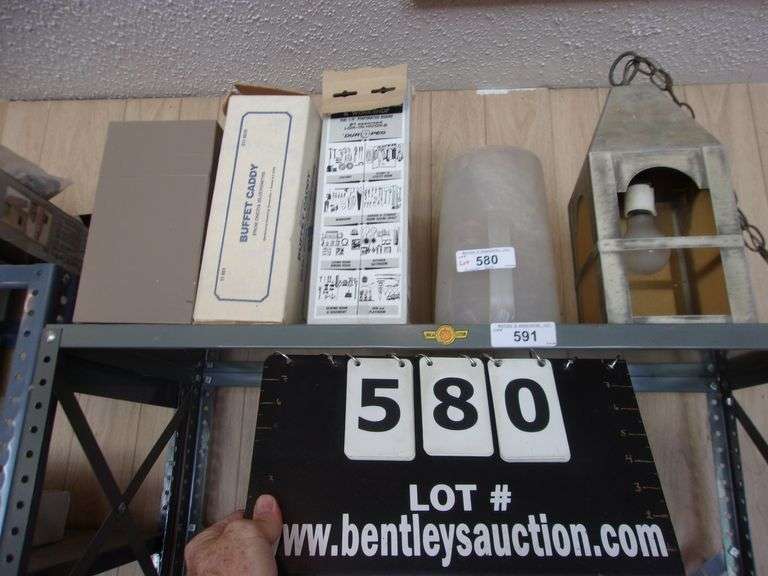 LOT: CONTENTS OF SHELF - HANGING LIGHT FIXTURE, TOOL ORGANIZERS, METAL ...