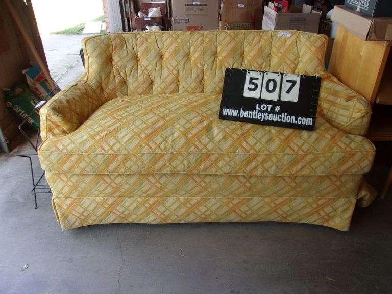 1970'S YELLOW UPHOLSTERED LOW LOVESEAT SOFA - Bentley & Associates, LLC