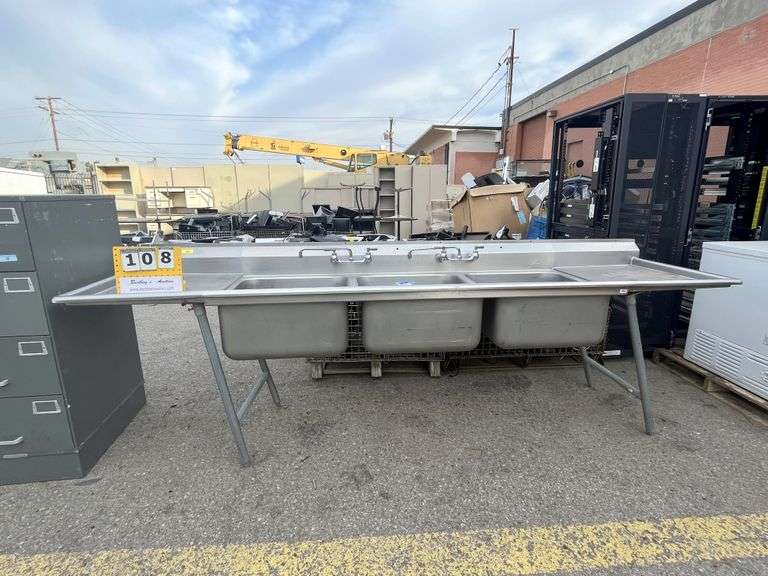 STAINLESS 2-FAUCET 3-BAY SINK - DINGS, DENTS, WEATHER DAMAGE - Bentley ...