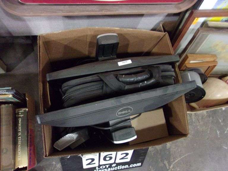 BOX: DELL COMPUTER MONITORS, COMPUTER BAG, CHORDS, NETGEAR WI-FI ...