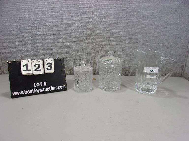CRYSTAL PITCHER & (2) CRYSTAL COOKIE JAR W/ STAR AND FLORAL DESIGN (3X ...