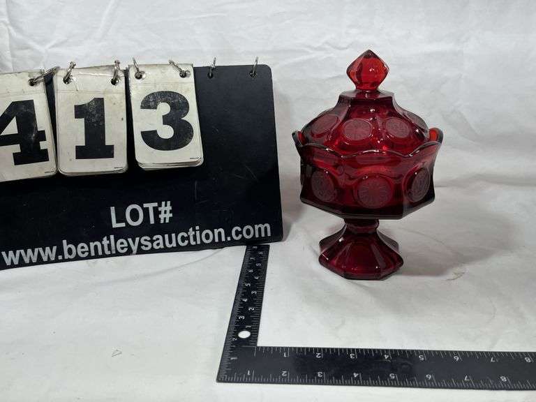 FOSTORIA COIN PATTERN COVERED CANDY DISH - RED - Bentley & Associates, LLC