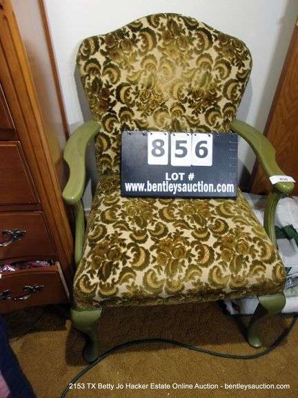 FLORAL TYPE PATTERNED WOODEN ARMED CHAIR - Bentley & Associates, LLC