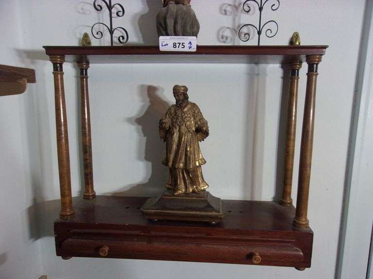 LOT: WOODEN WALL SHELF, PRIEST FIGURINE, SACRED HEART OF JESUS FIGURINE ...