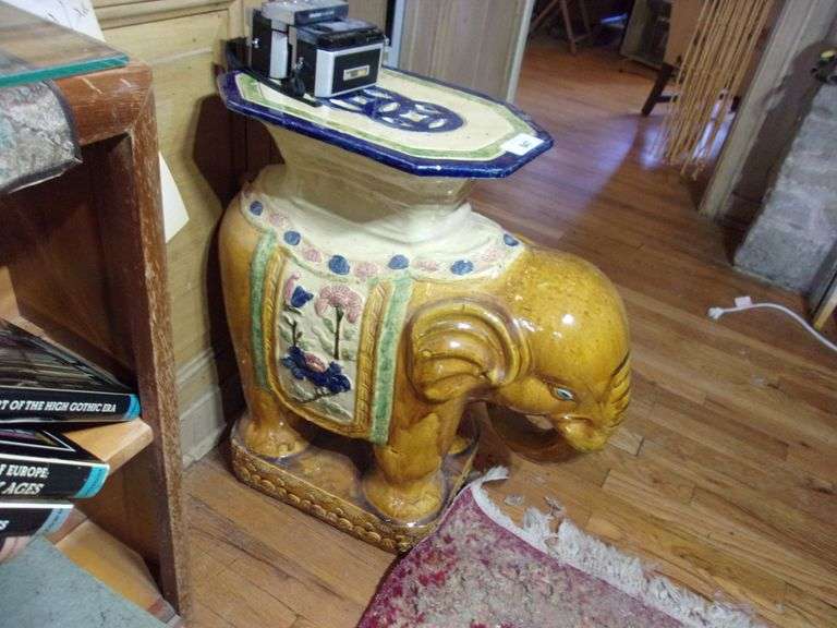 DECORATIVE CERAMIC ELEPHANT SIDE TABLE, PAINTED BROWN, TAN, BLUE, PINK ...