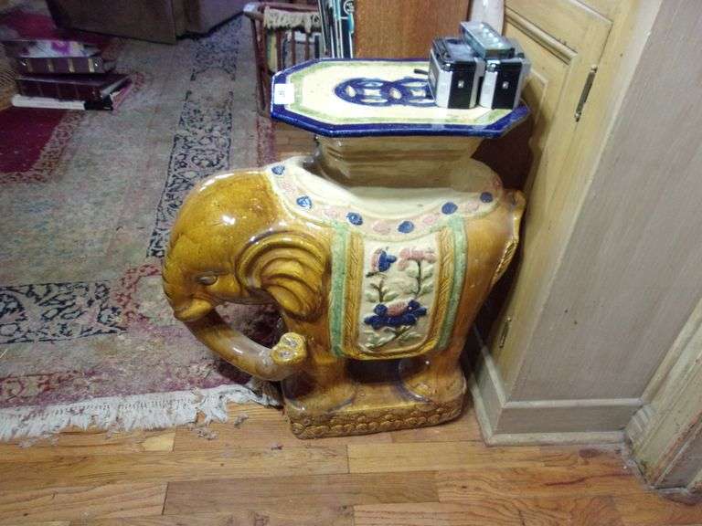 DECORATIVE CERAMIC ELEPHANT SIDE TABLE, PAINTED BROWN, TAN, BLUE, PINK ...
