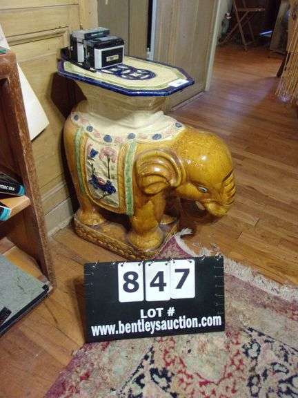 DECORATIVE CERAMIC ELEPHANT SIDE TABLE, PAINTED BROWN, TAN, BLUE, PINK ...