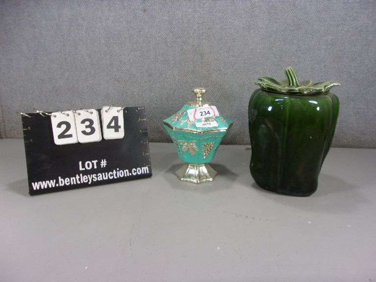 LOT: TURQUOISE & SILVER CANDY JAR, GREEN BELL PEPPER JAR - Bentley ...