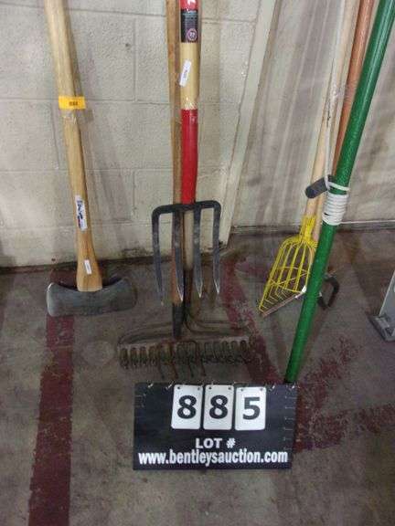 3 LONG WOODEN HANDLED METAL RAKES, WOOD HANDLED PITCH FORK - Bentley ...