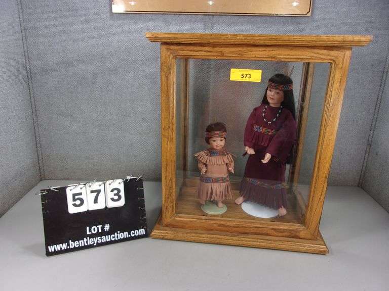 WOODEN FRAME GLASS PUMP DISPLAY CASE W/ PORCELAIN NATIVE AMERICAN DOLLS ...