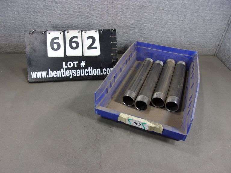 LARGE BLUE PLASTIC BIN W/ 4 METAL THREADED PIPES - Bentley & Associates ...