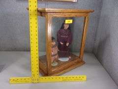 WOODEN FRAME GLASS PUMP DISPLAY CASE W/ PORCELAIN NATIVE AMERICAN DOLLS ...