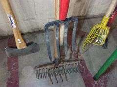 3 LONG WOODEN HANDLED METAL RAKES, WOOD HANDLED PITCH FORK - Bentley ...