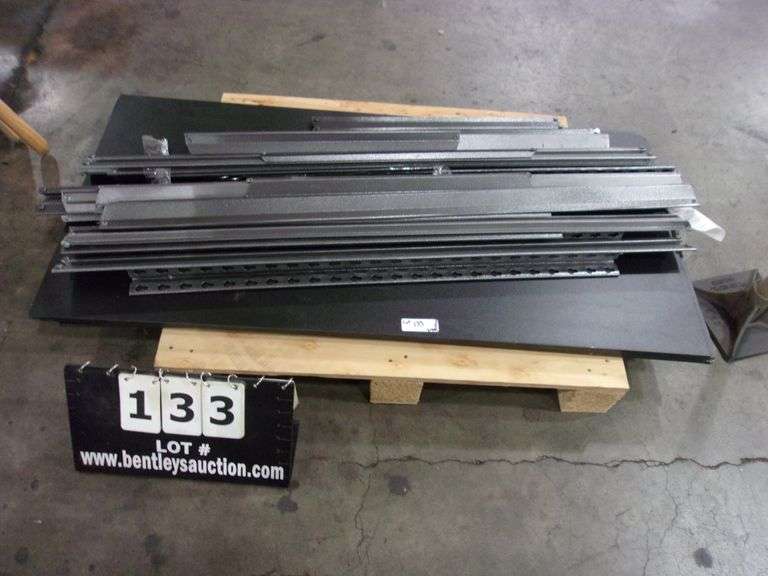 SHELVING UNIT - 5 BLACK WOODEN SHELVES AND ASSORTED METAL RAILS ...