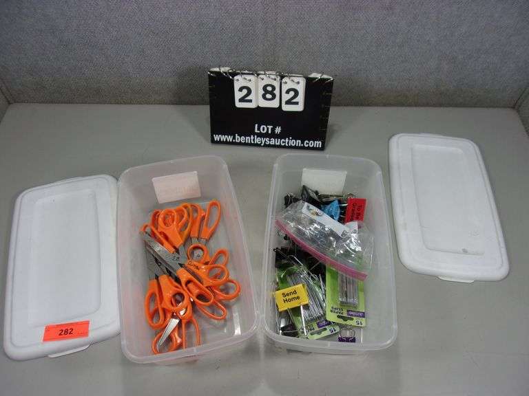 2 PLASTIC SHOE CONTAINERS W/ SCISSORS AND BINDER CLIPS - Bentley ...