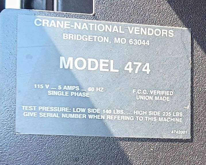 CRANE NATIONAL VENDORS MODEL 474 SNACK - Bentley & Associates, LLC