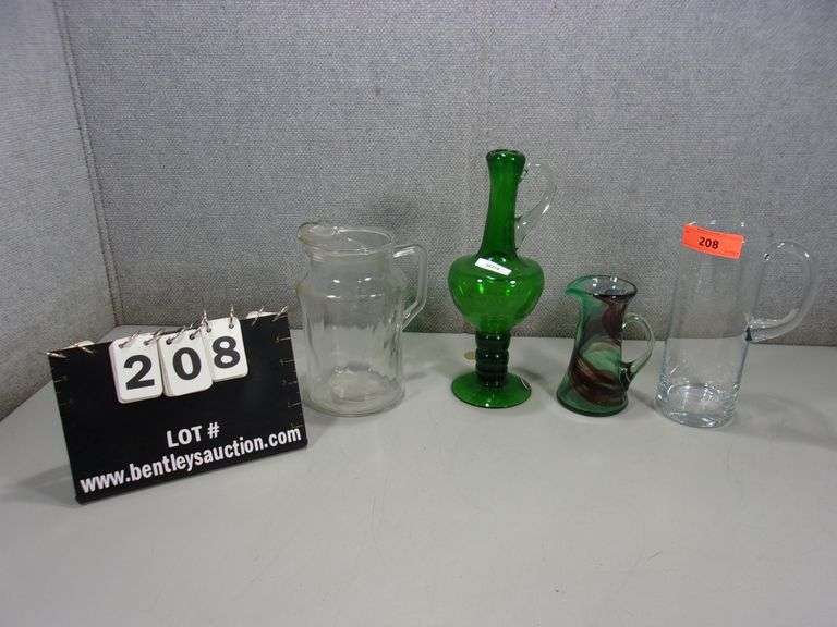 LOT: (4) ASSORTED GLASS PITCHERS - TALL GREEN WINE PITCHER, 2-CLEAR ...