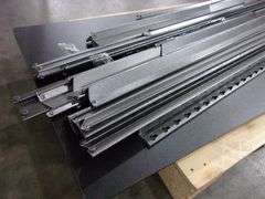 SHELVING UNIT - 5 BLACK WOODEN SHELVES AND ASSORTED METAL RAILS ...