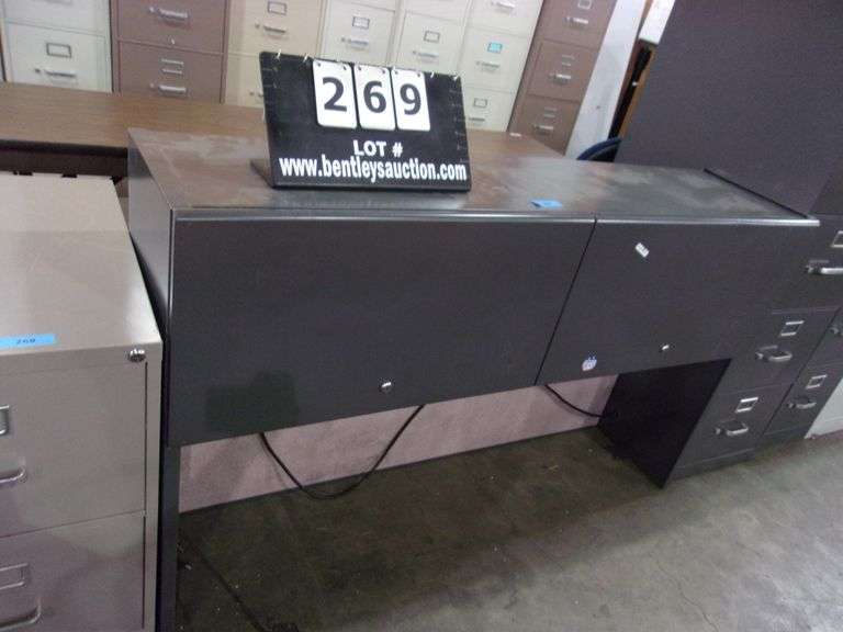 GREY METAL DESK CABINET W/ BACK BOARD (2) LIFT UP DOORS & LIGHT ...
