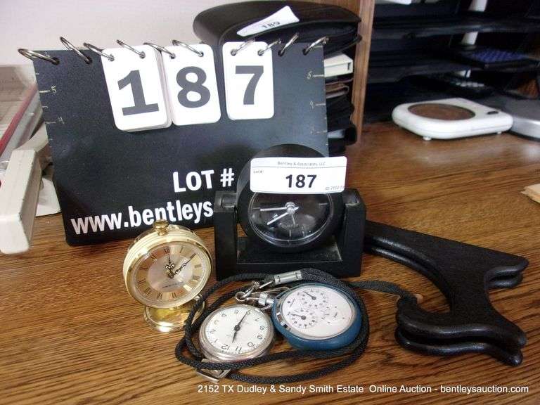 LOT: ASSORTED CLOCKS, STOP WATCHES, SMALL EASEL - Bentley & Associates, LLC
