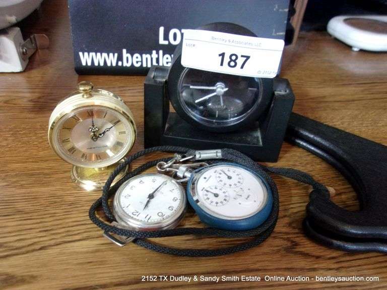 LOT: ASSORTED CLOCKS, STOP WATCHES, SMALL EASEL - Bentley & Associates, LLC