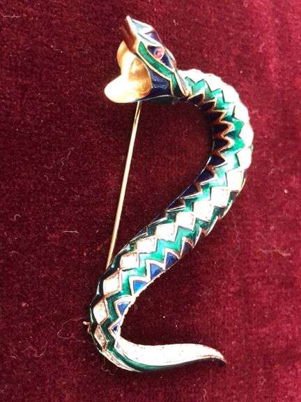 JOMAZ blue and green enamel cobra snake pin with rhinestones, 3” wide ...