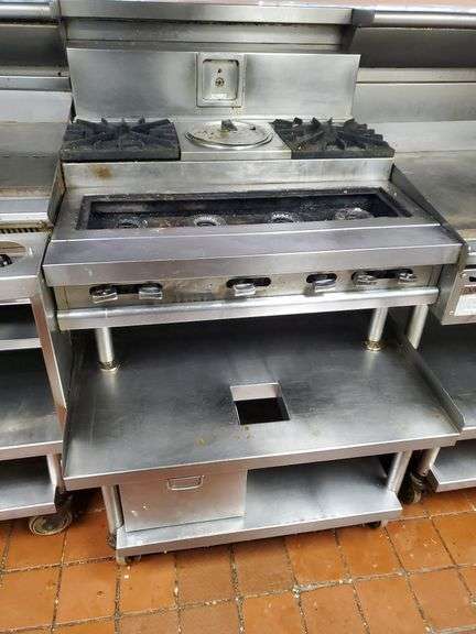 SS table top 6 burner gas step up range with SS base on casters ...