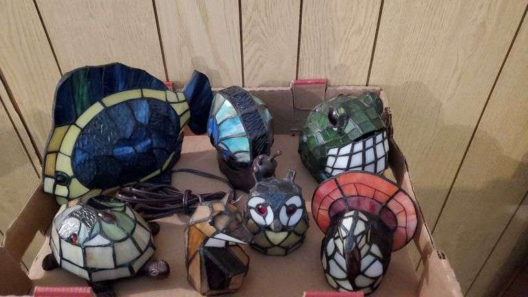 Stained glass electrified fish, snail, frog, owl, turtle and other ...