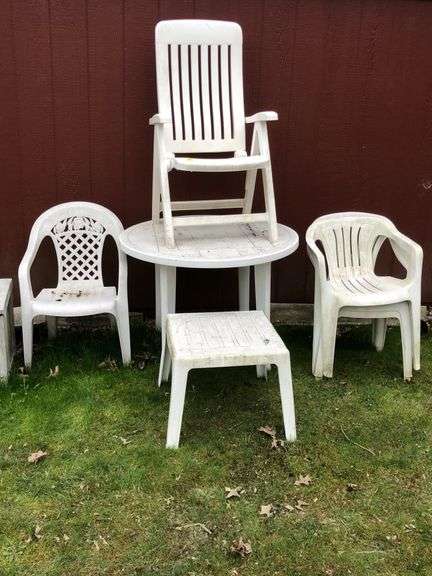 PVC Patio table, side table, four chairs - Bid-Assets Online Auctions