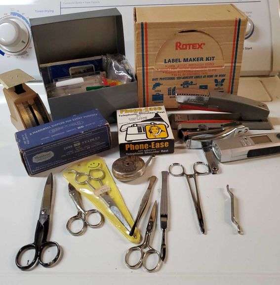 Rotex label maker, Bostitch stapler, vintage Bates stapler, tweezers ...