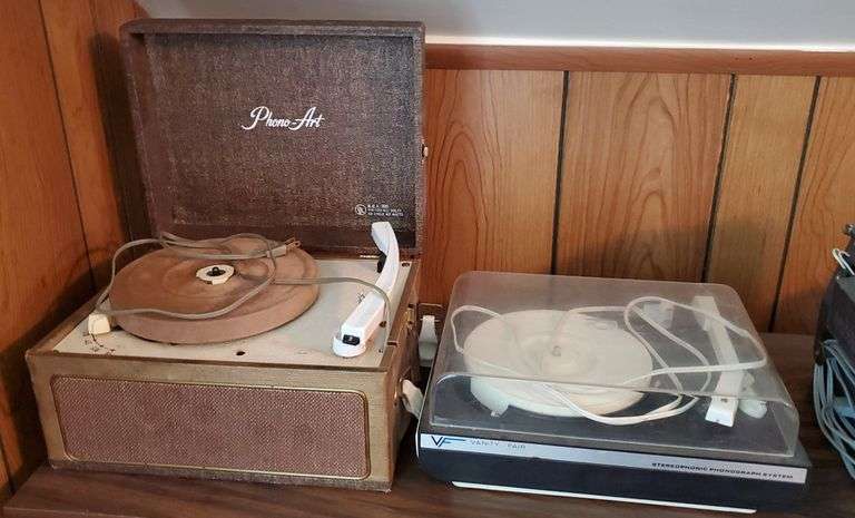 Three vintage record players including Vanity Fair and Photo art ...