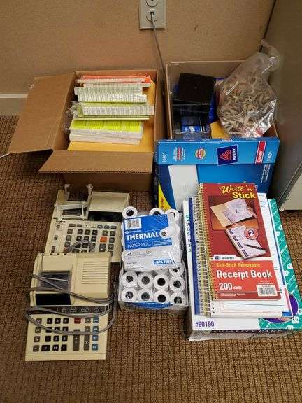 Sharp and Casio adding machines, thermal paper, envelopes, receipt book ...