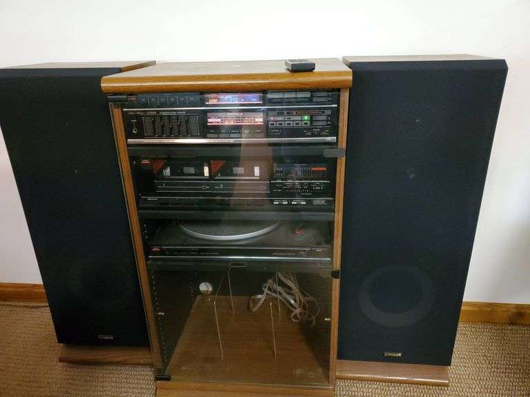 Complete Fisher component system in wood rack, glass door including ...