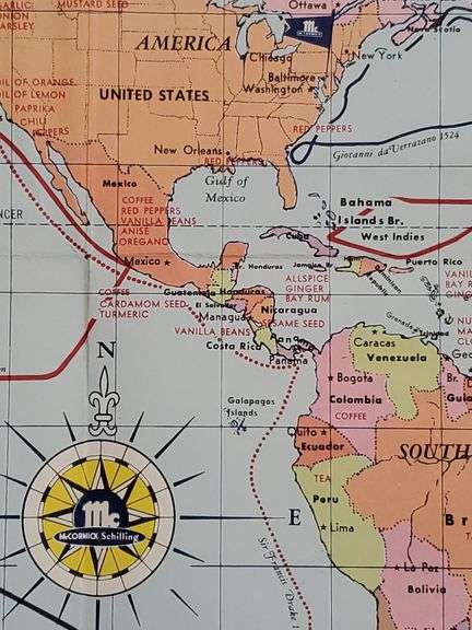1956 McCormick & Co. global map.of Spice Trade Routes. Well preserved ...