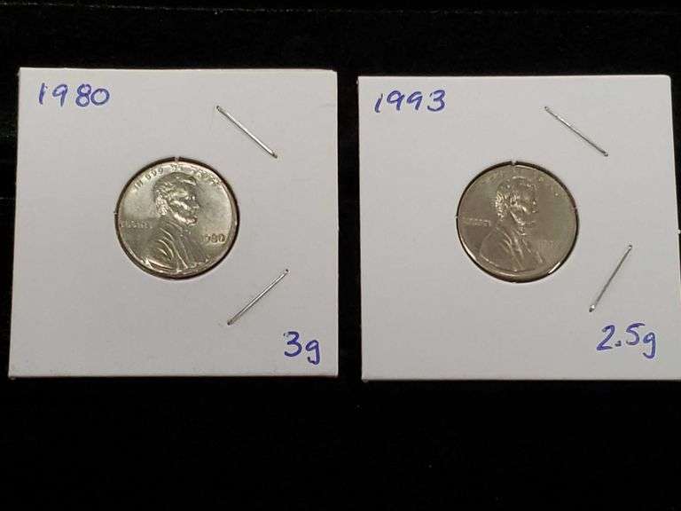 1980 and 1993 United States Lincoln One Cent pennies. Appears to be mis ...