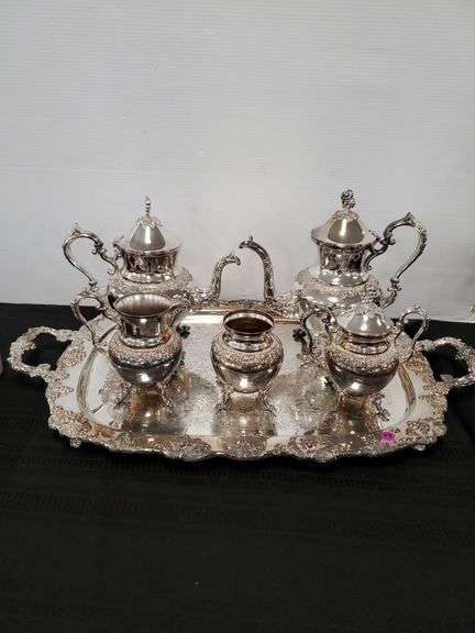 6 pc Heavy, ornate and elegant Silver on copper tea set on undertray ...