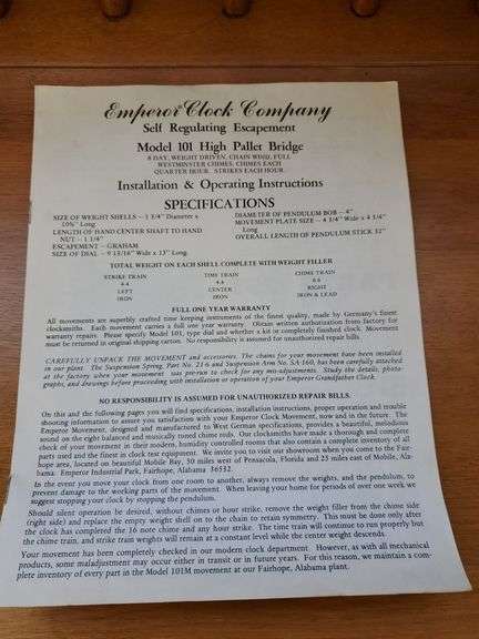 Emperor clock company self regulating escapement model 101 high pallet ...