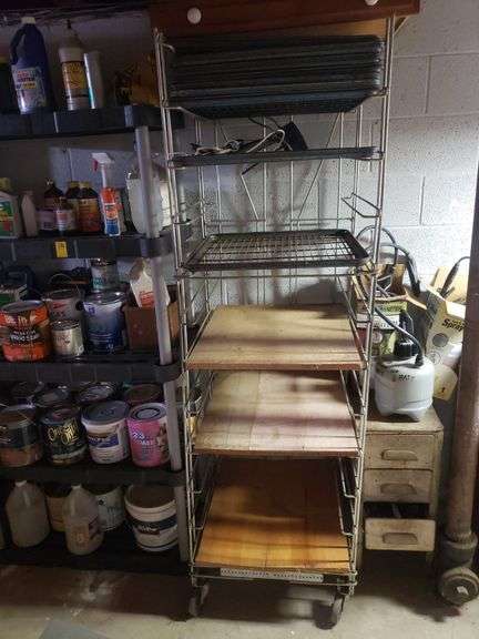 Commercial bread rack with trays on casters. 24x76H - Bid-Assets Online ...