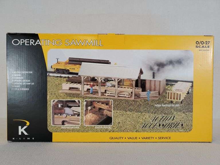 K-Line Operating Sawmill with Operating Log Dump Car set K-42450. NOS ...