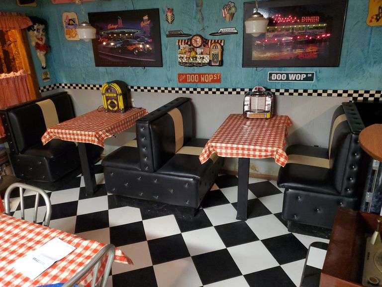 '50s diner style upholstered restaurant booths. Two end caps, one ...
