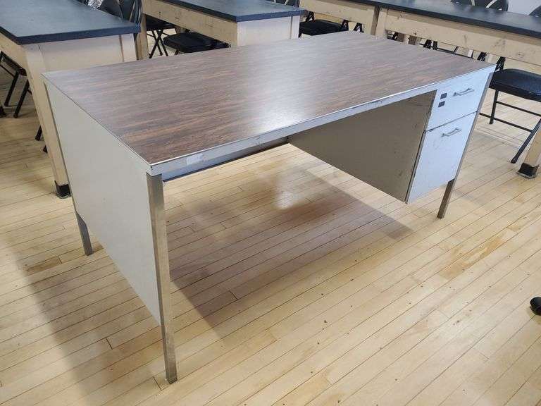 30x60 metal teachers desk, single pedestal, wood grain top, includes ...
