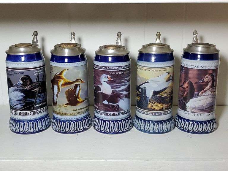 (5) Federal Duck Stamp Series, limited edition Beer Steins. 1989-1990 ...